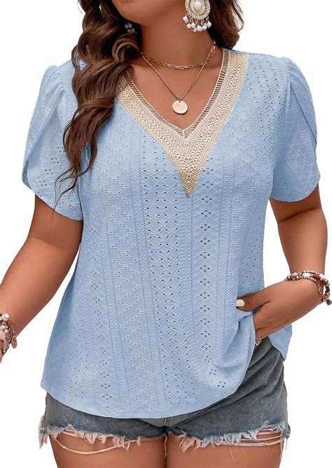 Eytino Womens Plus Size Tops Lace V Neck Petal Short Sleeve Blouse