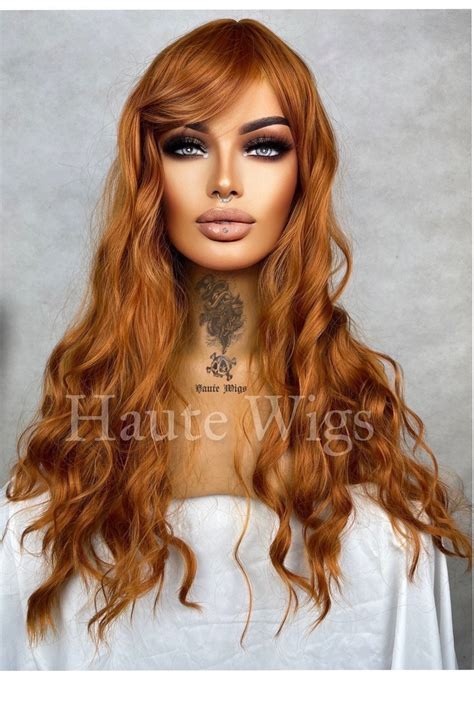 Velvet Auburn Copper Wig With Bangs Fringe Long Deep Golden Ginger