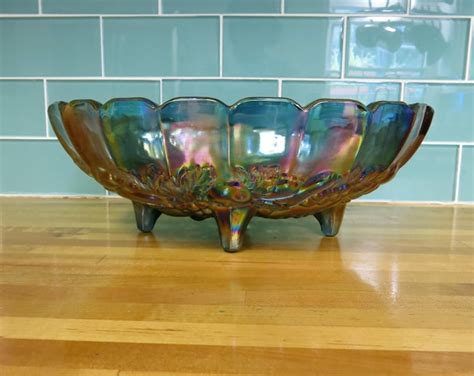Blue Carnival Glass Candy Dish With Lid Indiana Glass Princess Pattern