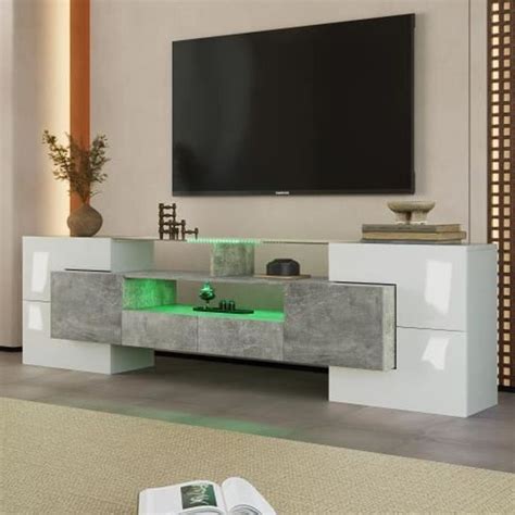 MERAX 200 cm Meuble TV élégant Lowboard Blanc Brillant éclairage LED