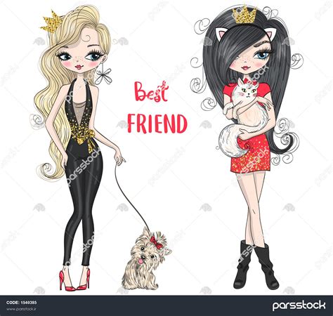 دختران کارتونی زیبا و زیبا با دو سگ و گربه تصویر برداری 1540385