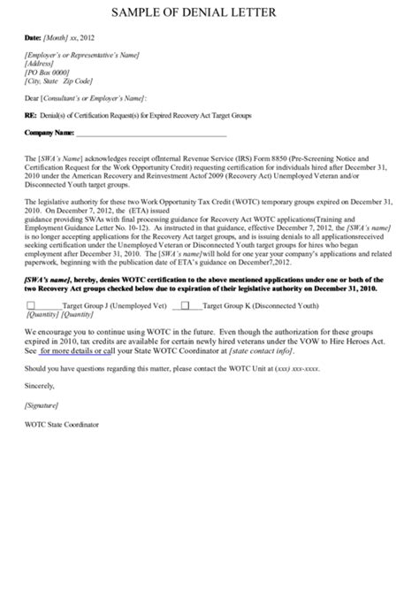 Sample Of Denial Letter Template Printable Pdf Download Recovery Rebate