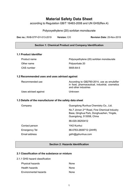Polysorbate 20 Msds Material Safety Data Sheet Pdf