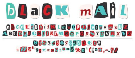 랜섬 하프톤 콜라지 스타일의 글자 숫자 및 점자 표시 표시는 신문과 잡지에서 잘라낸 빈티지 Abc 컬렉션 빨간 검은색과 ⁇ 색