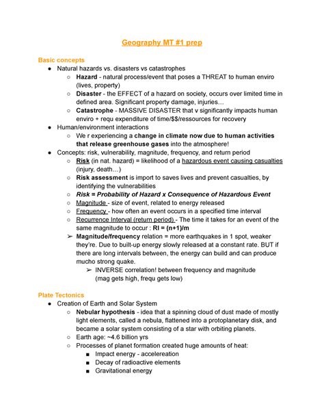 GEO MT Geog Midterm Notes Geography MT Prep Basic Concepts Natural Hazards Vs