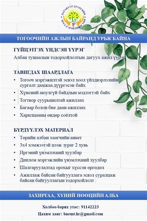 Нээлттэй ажлын байрны зар Багануур Эрүүл Мэндийн Төв