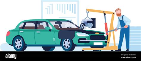 Car Engine Repair Service Worker Disassembling Vehicle Stock Vector
