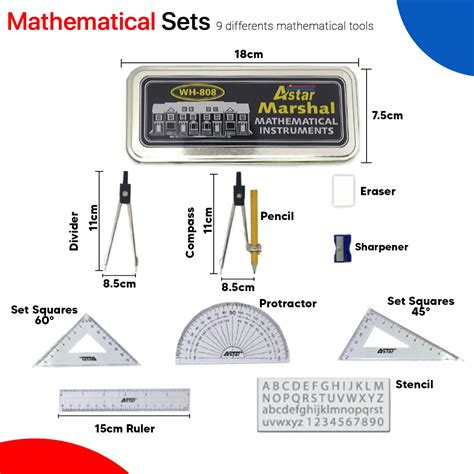 Astar Marshal Geometry Set Mathematical Instruments Wh 808 Set Jangka Lukis Protractor