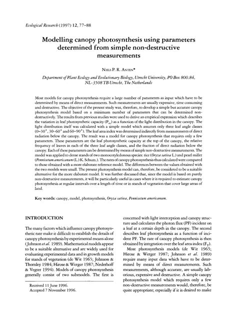 Pdf Modeling Canopy Photosynthesis Using Parameters Determined From Simple Non Destructive