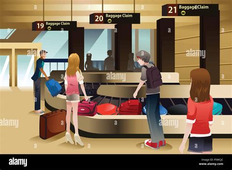 A Vector Illustration Of Travelers Waiting For Their Baggage At The Baggage Claim Area Stock