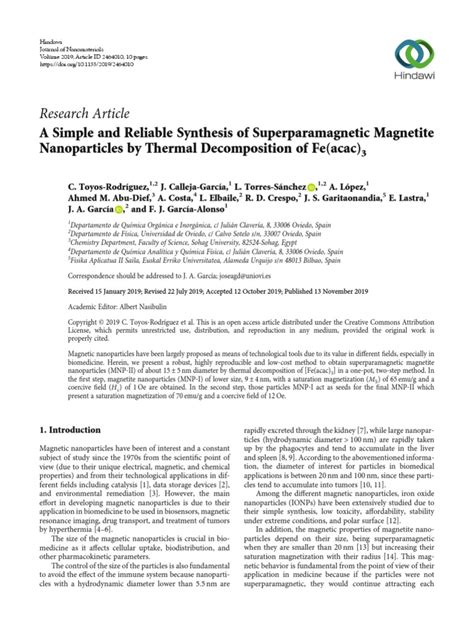 Research Article A Simple And Reliable Synthesis Of Superparamagnetic