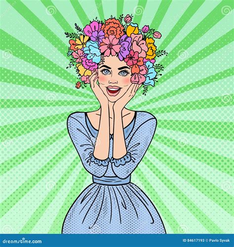 Pop Art Beautiful Woman In Love With Flowers Hairstyle Stock Vector