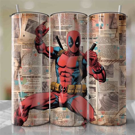 Premium Deadpool Cartoon Skinny Tumbler 20oz Newspaper Themed Design