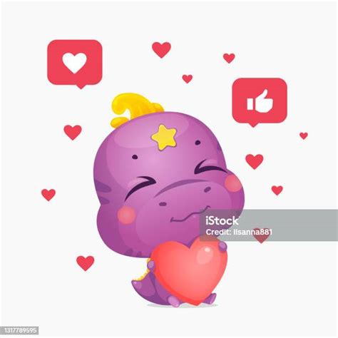 마음을 잡고 만화 귀여운 공룡 작은 달콤한 디노 아이 캐릭터 소셜 미디어 블로깅 온라인 네트워크 좋아요를 위한 크리에이티브 레이