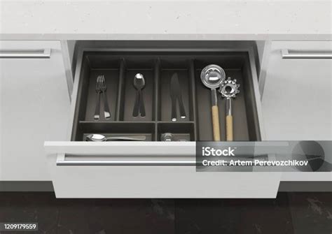 조리 기구가 있는 개방형 주방 서랍 부엌의 수납 및 조직 3d 렌더링 0명에 대한 스톡 사진 및 기타 이미지 0명 3차원