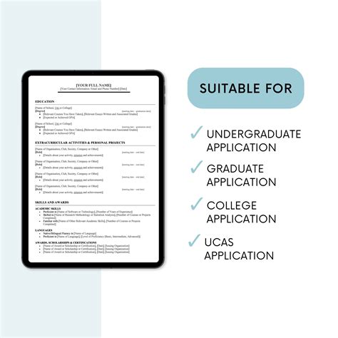 Academic Resume Cv Template University College Application Undergraduate Graduate Ucas