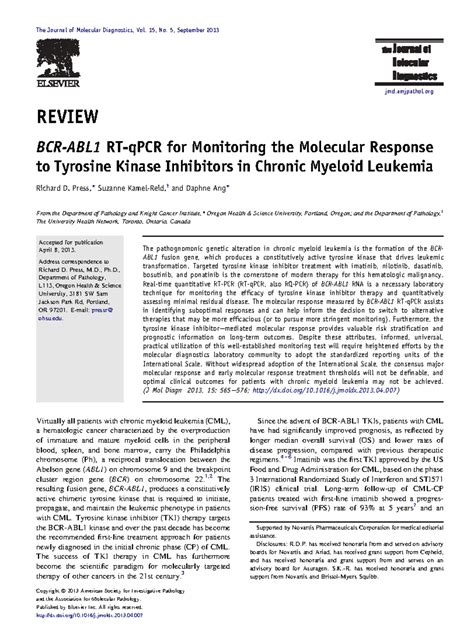 Monitoring Molecular Response To Tkis In Cml J Mol Diagn 2013 Vol 15