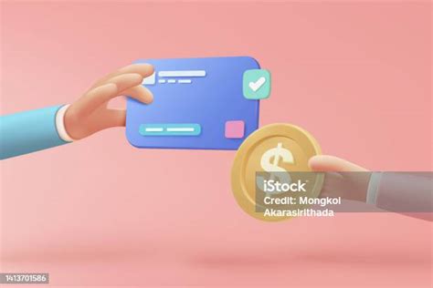 분홍색 파스텔 배경에 신용 카드를 통해 3d 동전 교환 비즈니스 손 개념에 돈을 보유 금융 투자 및 온라인 지불 3d 환전 아이콘 벡터 렌더링 일러스트 레이 션 3차원