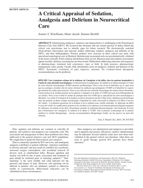 Pdf A Critical Appraisal Of Sedation Analgesia And Delirium In