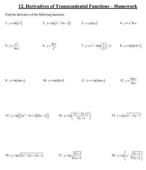 Solved 12 Derivatives Of Transcendental Functions