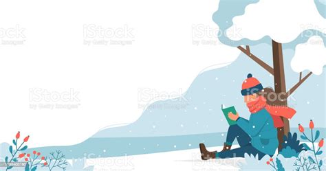 겨울에 공원에서 독서하는 소녀 플랫 스타일의 귀여운 벡터 일러스트 겨울에 대한 스톡 벡터 아트 및 기타 이미지 겨울 읽기
