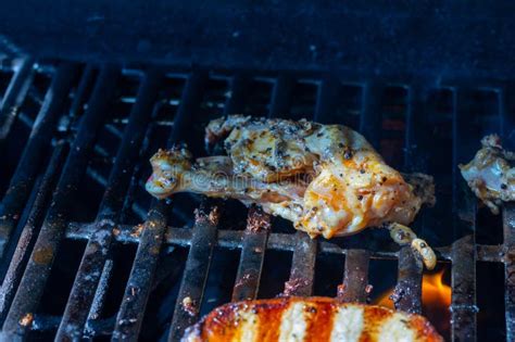 Marinated Pork Steak And Chicken Steak On The Grill Grate With Flames