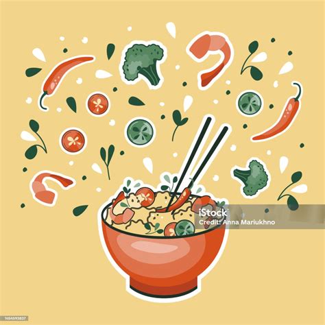 아시아 음식 스티커입니다 새우와 고추를 곁들인 쌀 레스토랑 배너 로고 및 패스트 푸드 광고에 적합합니다 한국 또는 중국 음식