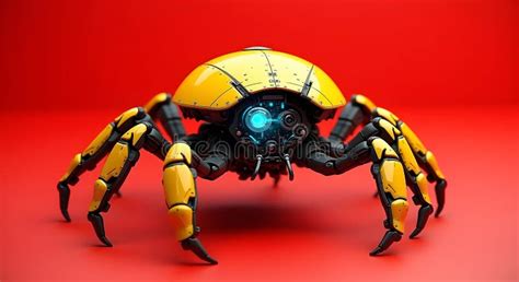 Yellow Spider Robot With Black Legs And Glowing Eyes Generative Ai Stock Illustration