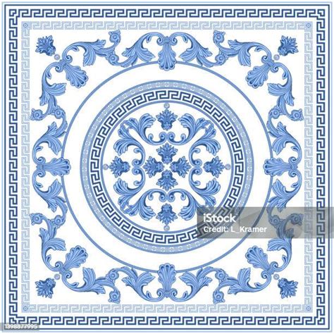 파란색 바로크 양식의 두루마리가있는 숄 인디고 그리스 키 패턴 프리즈 비열한 테두리 흰색 배경에 꽃 소용돌이 그릭 키 패턴에 대한 스톡 벡터 아트 및 기타 이미지 Istock