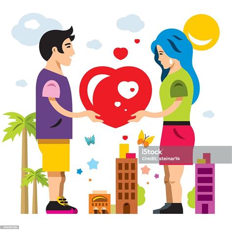 벡터 로맨틱 커플 사랑을 주세요 발렌타인 플랫 스타일 컬러풀 감정에 대한 스톡 벡터 아트 및 기타 이미지 감정 개념