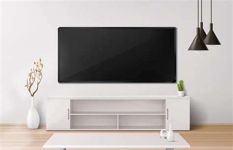 넓은 Lcd Tv 화면 스탠드와 테이블이 있는 거실 흰색 가구 식물과 검은색 램프에 평면 플라즈마 Tv가 걸려 있는 현대적인 집