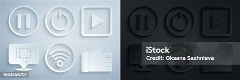 Wifi 무선 인터넷 네트워크 사각형 재생 말풍선 싫어하기 손 전원 버튼 및 일시 중지 아이콘을 설정합니다 벡터 3차원 형태에 대한 스톡 벡터 아트 및 기타 이미지 Istock
