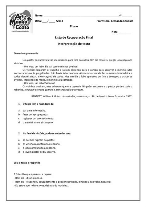 PDF Lista de Recuperação Final Interpretação de textoadmin webplus