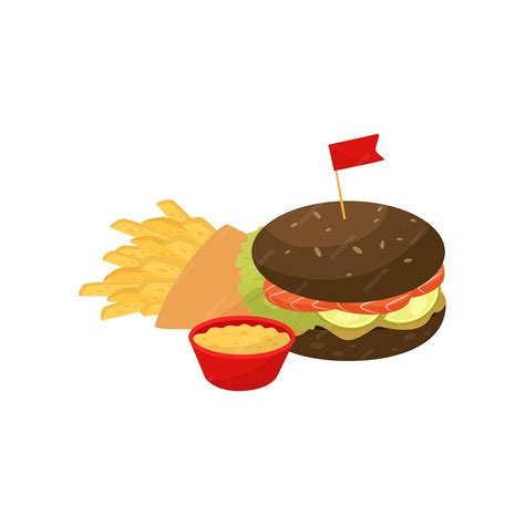 Burger Papas Fritas Y Salsa Plato De Comida Rápida Vector Ilustración