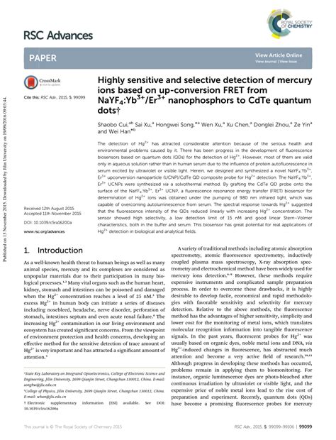 Pdf Highly Sensitive And Selective Detection Of Mercury Ions Based On