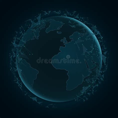 Abstract Planet Earth With Flying Triangles World Map Blue Lights