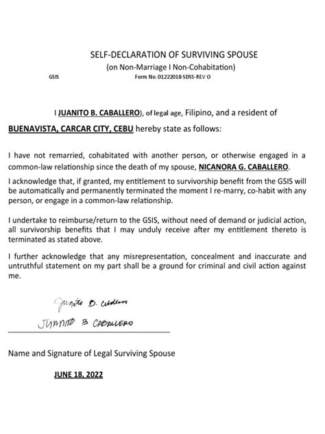 Self Declaration Of Surviving Spouse Filipino And A Resident Of Pdf