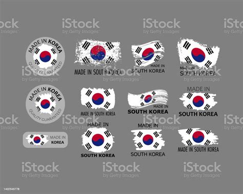 스티커 세트 한국산 한국 국기 모양의 브러쉬 스트로크 공장 제조 및 생산 국가 개념 라벨 및 포장을위한 디자인 요소 벡터 다채로운 일러스트레이션 만들기에 대한 스톡 벡터