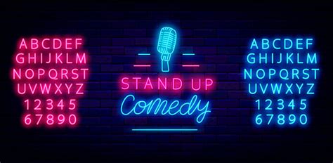 코미디 네온 간판을 세우십시오 파란색 마이크 만화 쇼 반짝이는 파란색과 분홍색 알파벳 벡터 일러스트 레이 션 개념에 대한 스톡 벡터 아트 및 기타 이미지 Istock