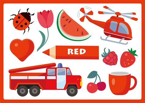 Red Color Cartoon Illustration For Learning Colors Cute Red Objects Set
