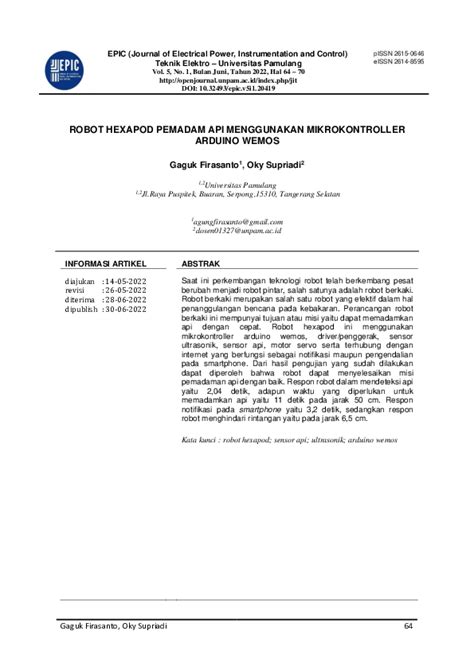 Pdf Robot Hexapod Pemadam Api Menggunakan Mikrokontroller Arduino