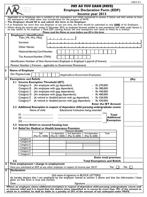 Pay As You Earn Paye Employee Declaration Form Edf Income Year 2013 Pdf Insurance Loans