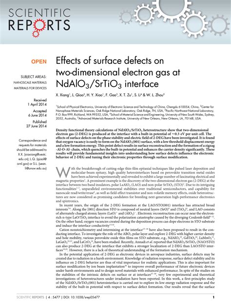 Pdf Effects Of Surface Defects On Two Dimensional Electron Gas At Ndalo3 Srtio3 Interface