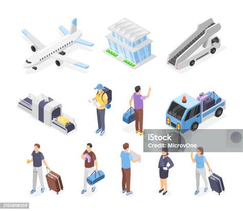 등각 투영 공항 요소 여행 가방 수하물 관리 테이프 및 비행기를 가진 여행자 고립된 Touristic Set 휴가