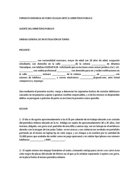 Formato Denuncia De Robo Celular Ante El Ministerio Publico Violencia
