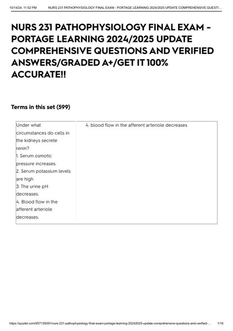 NURS 231 PATHOPHYSIOLOGY FINAL EXAM - PORTAGE LEARNING 2024/2025 UPDATE ...