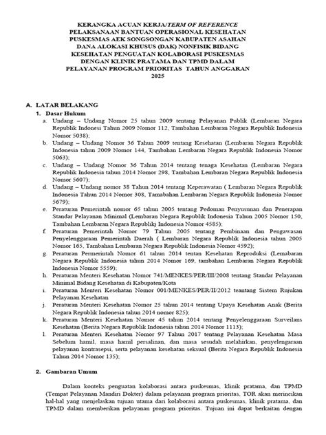 Tor Penguatan Kolaborasi Puskesmas Dengan Klinik Pratama Dan Tpmd Dalam