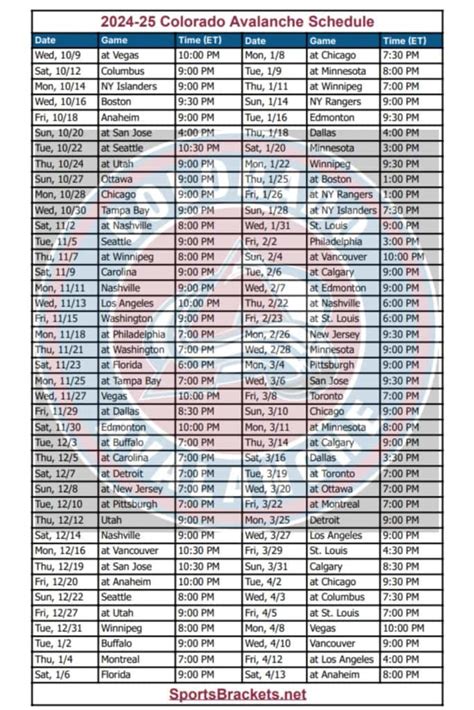 Colorado Avalanche Schedule Printable Pdf Format Sports
