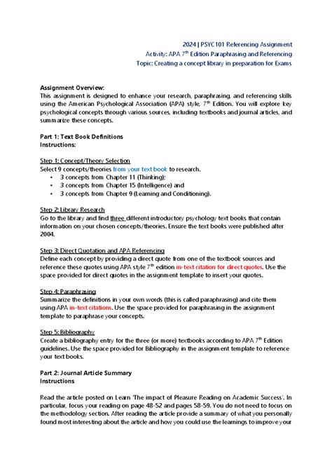 Referencing Assignment Instructions 2024 Psyc101 Referencing