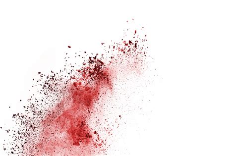 흰색 배경에 고립 된 빨간 분말 폭발의 모션에 고정 합니다 빨간 먼지 구름의 추상적인 디자인입니다 입자 폭발 화면 보호기 배경